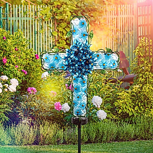 COOZZYHOUR Solar Cross Garden Lights Outdoor Decorative - Solar Metal&Glass Cross Blue Hydrangea Flower Stake Lights- Waterproof 20 Warm White LED for Remembrance Gifts
