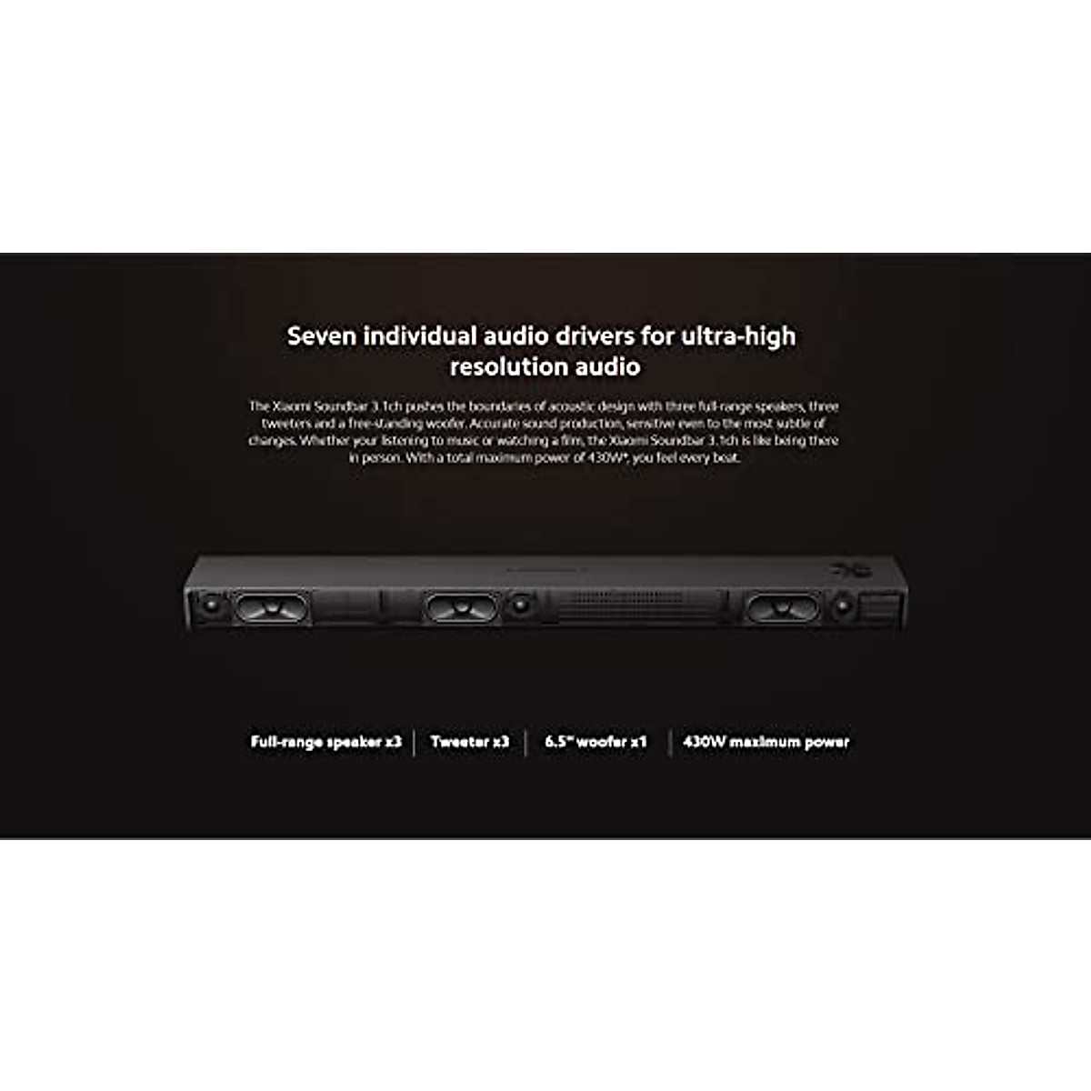 Xiaomi Soundbar 3.1ch, 430W Max Power, 3.1ch DTS® Virtual X Sound, One-tap to Play Audio with NFC, Wireless and immersive subwoofer Experience