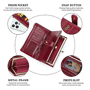 Contacts Kiss Lock Wallet for Women Leather, Kiss Clasp Wallet Coin Card Purse RFID Clutch Wallet Zipper Red Vintage Phone Holder