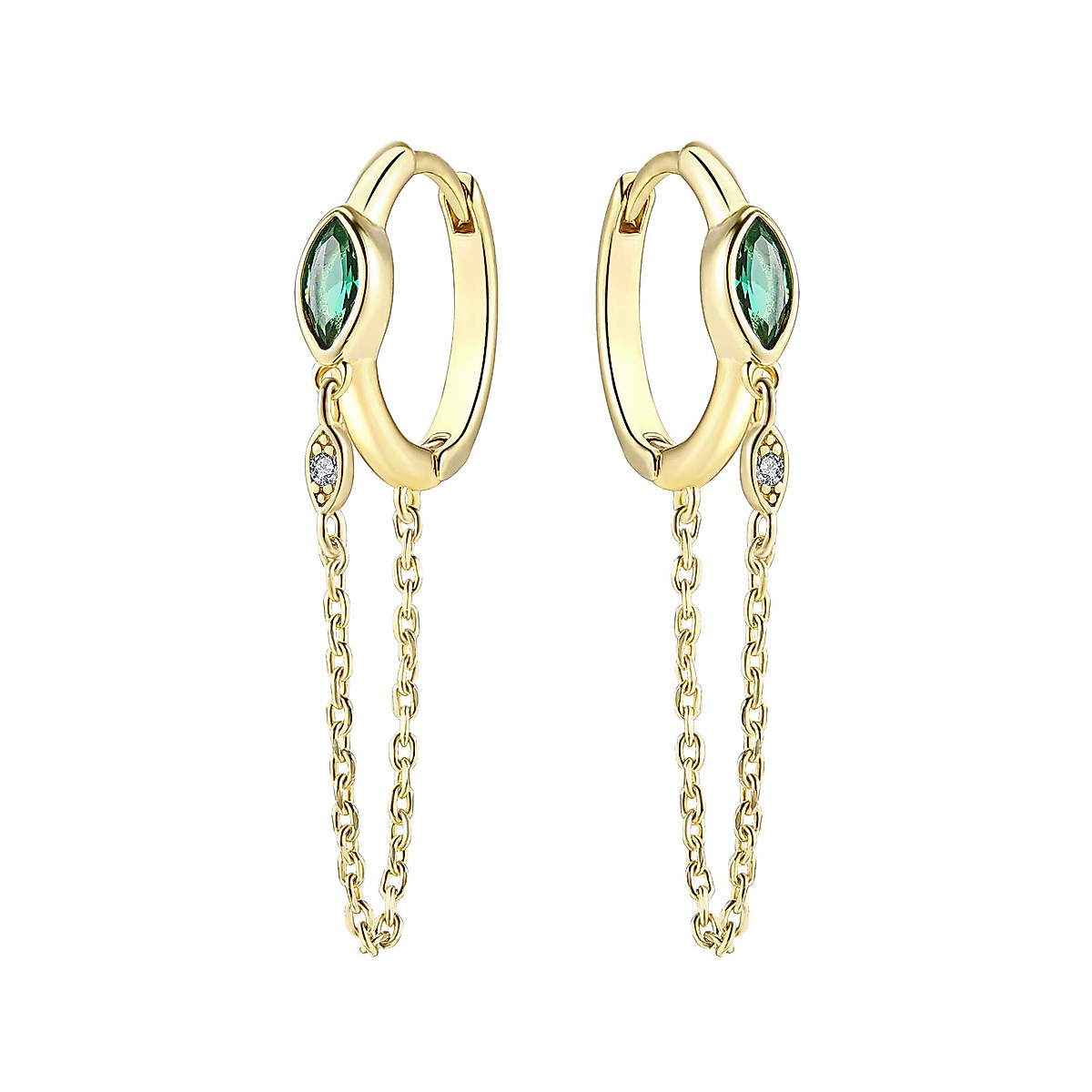 JIANGYUE 18K Gold Plated Chain Earrings for Women Emerald Green Hoop Earrings Tassel Dangle Earrings Trendy CZ Small Hypoallergenic Jewelry