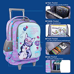 seastig Rolling Backpack for Kids Wheeled Backpack Double Handle Wheeled Backpack with Lunch Bag and Pencil Case Set
