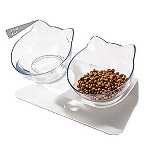 Luck Dawn Double Elevated Cat Bowls with Raised Stand, 15 Tilted cat Bowl Design Neck Guard Stand Raised Pet Food Water Feeder Bowl for Cats or Small Dogs