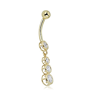 AVORA 10K Yellow Gold Simulated Diamond CZ Top Down Linear Dangling Belly Button Ring Body Jewelry (14 Gauge)