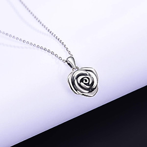 ACJFA Sterling Silver Rose Flower Cremation Urn Pendant Necklace Keepsake Ashes Memorial Jewelry for Women (Oxidized)