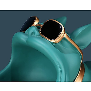 CUZOKOLA Large Size Cute French Bulldog Gifts Statue Animal Blue Turquoise Dog Candy Dish Modern Candy Bowls for Office Desk Big Mouth Storage Resin Figurine for Home Decor with Gold Glasses Frame Key