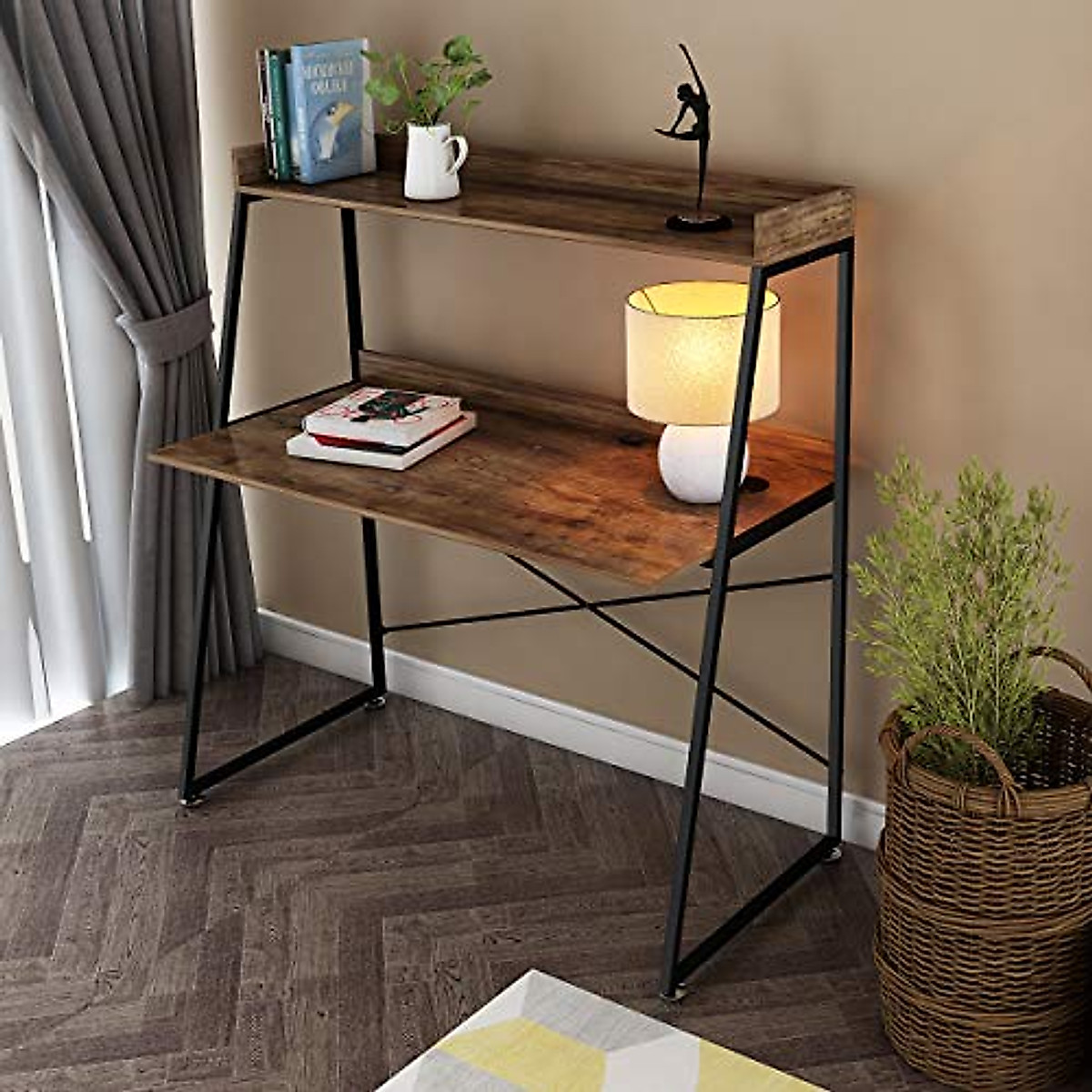 DESIGNA 48 Inch Ladder Desk with Storage Shelves, 2-Tier Home Office Students Study Writing PC Computer Gaming Table with Bookshelf Modern Workstation for Small Space Saving, Metal Frame, Rustic Brown