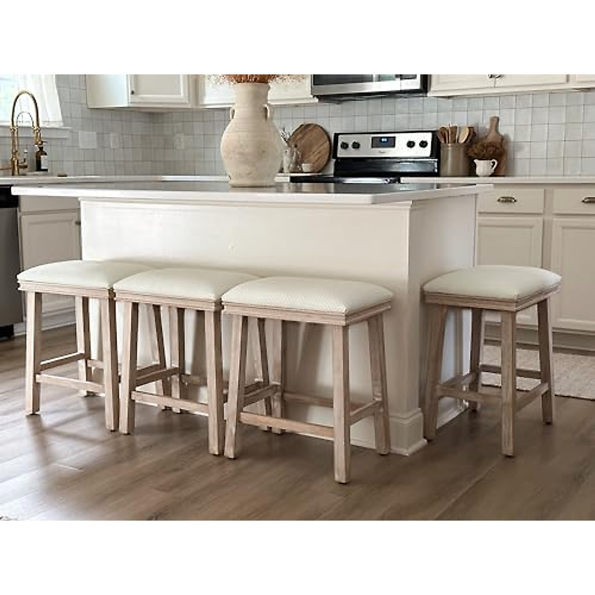 Erste!Bravo White Solid Wood Bar Stools Set of 2 for Kitchen Counter Counter Height Coastal Barstools with Faux Leather Farmhouse Upholstered Stools for 34"-38" Island, Creamy White Cushion, Wood Legs