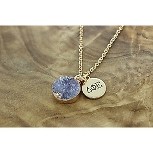 Sorority Shop DPE Necklace - Delta Phi Epsilon Purple Druzy Gemstone Necklace With Engraved Pendant – 14K Gold Dipped Jewelry with Purple Gemstone – Sorority Gift, Charm Paraphernalia