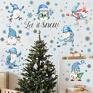 135 Pcs Snowy Winter Gnome Snowflake Wall Decals Christmas Wall Decals Snowflakes Wall Decal Silver and Blue Theme Christmas Snowflake Wall Stickers for Home Bedroom Kitchen Decor Gift(Snow Style)