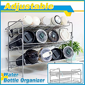 Mefirt Water Bottle Organizer, 3-Tier Water Bottle Organizer for Cabinet, Tumbler Travel Cup Holder, Pantry Kitchen Stackable Storage Rack for Shaker Baby Bottle, Wine, Can, Drying Rack (Silver)