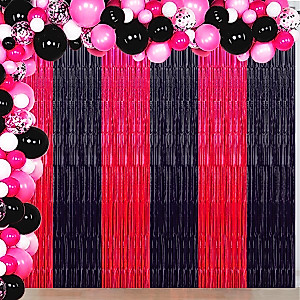 Hot Pink Backdrop Curtain, Black and Hot Pink Birthday Decorations Hot Pink Black Backdrop Wall Streamers for Graduation Girls Women Wedding Bridal Baby Shower Bachelorette Party Decorations (3 Pack)