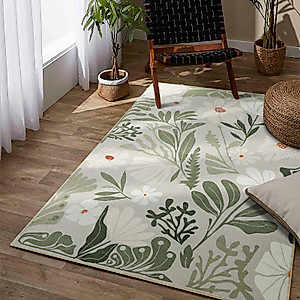 RoomTalks Cute Funky Bedroom Rugs Aesthetic Decor, 4x6 Washable Area Rug Non Slip Sage Green Boho Floral Botanical Rug Modern Abstract Throw Rug Accent Carpet for Living Room Kitchen Entryway Dorm
