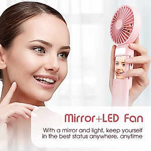decorneo Portable Handheld Fan with Makeup Lights, Mini Fan Rechargeable Quiet 3 Speed Necklace Fan, USB Desk Fan with Stand,Small Hand Held Fan, Gift for Women Travel Outdoor Indoor - Pink