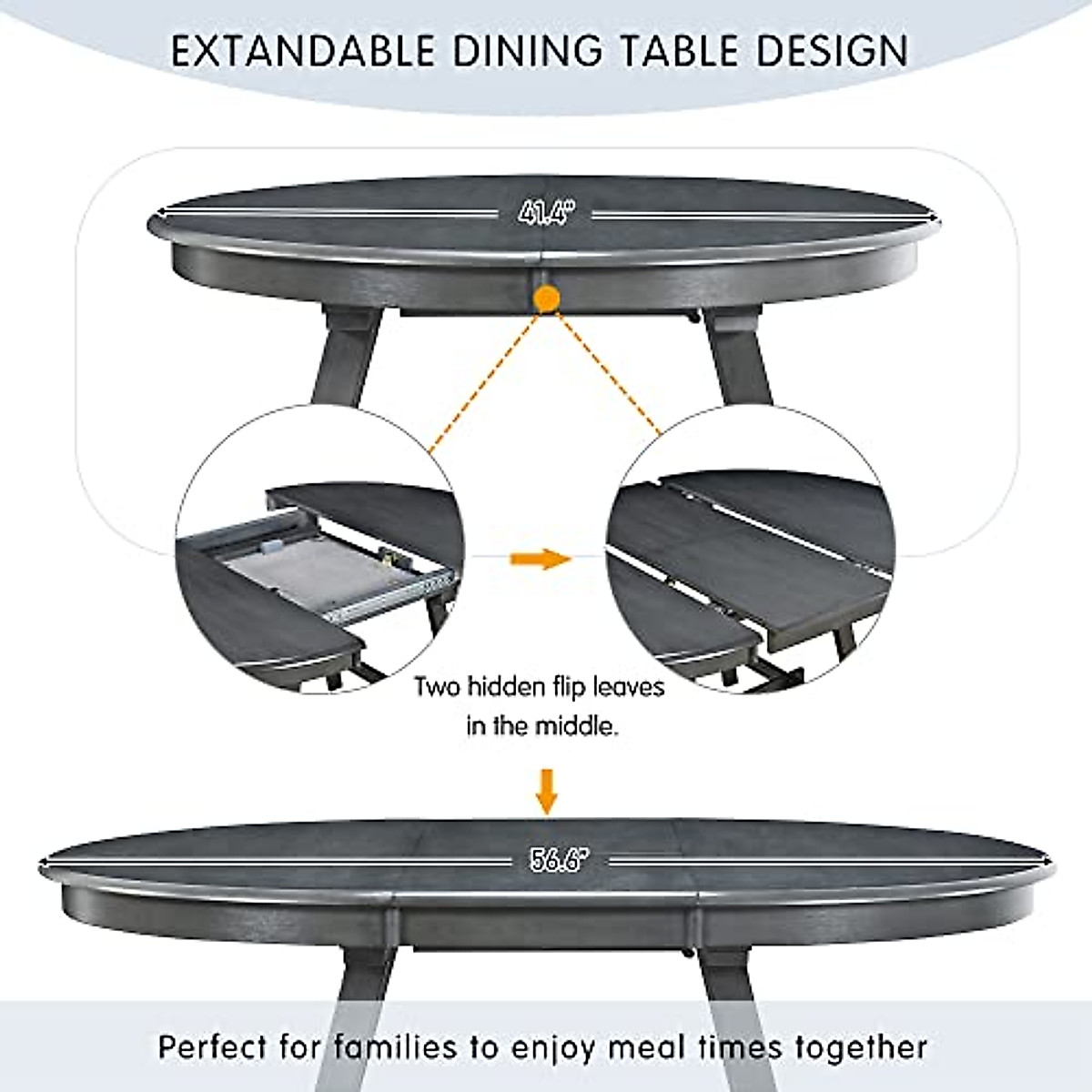 BIADNBZ 5-Piece Dining Table Set with Round Extendable Tabletop and 4 Padded Chairs, Modern Kitchen Furniture for DiningRoom, Space Saving Design, Gray