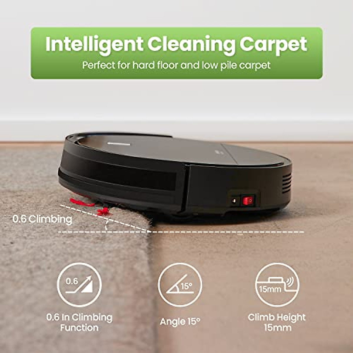Enther Robot Vacuum Cleaner, Robotic Vacuum Cleaner with Gyro Navigation, 2600mAh, 120mins Run Time, Super-Thin, 6 Clean Modes, Self-Charging for Pet Hair Hard Floors, Carpet, Black