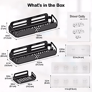 Bathroom Shower Organizer, YASONIC 3-Pack Strong Adhesive Shower Caddy with Soap Holder and 8 Hooks, No Drilling Wall Mounted Rustproof Stainless Steel Shower Shelf, for Inside Shower, Bathroom, Black