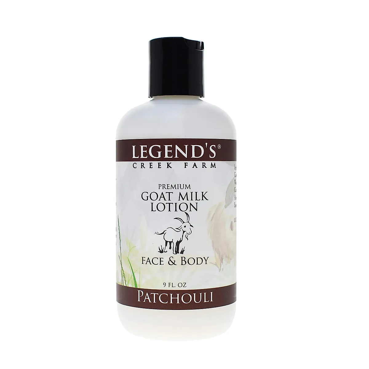 Legend's Creek Farm Goat Milk Lotion - Deeply Moisturizing Goat Milk Body Lotion for Body, Hand & Face - 9 oz Body Moisturizer with Shea Butter, Sunflower Oil, Aloe, Handmade in USA (Patchouli L.)