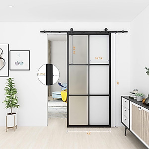 BARNSMITH 36in x 84in Frosted Glass Barn Door with 6.6FT Top Mounted Hardware kit DIY 6 Lites Tempered Glass Modern Aluminum Sliding Door Disassembled Easy Installation