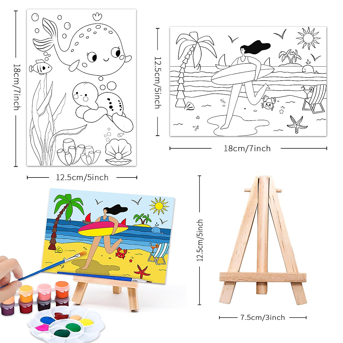 RYRIWOU Pre Drawn Canvas Set 8 Packs Pre-Printed Canvas Acrylic Oil Painting Kit for Kids Ages 8-12 9-12 5x7 inch Canvas with 48 Paints 6 Brushes 2 Easels for Party Favor School Projects