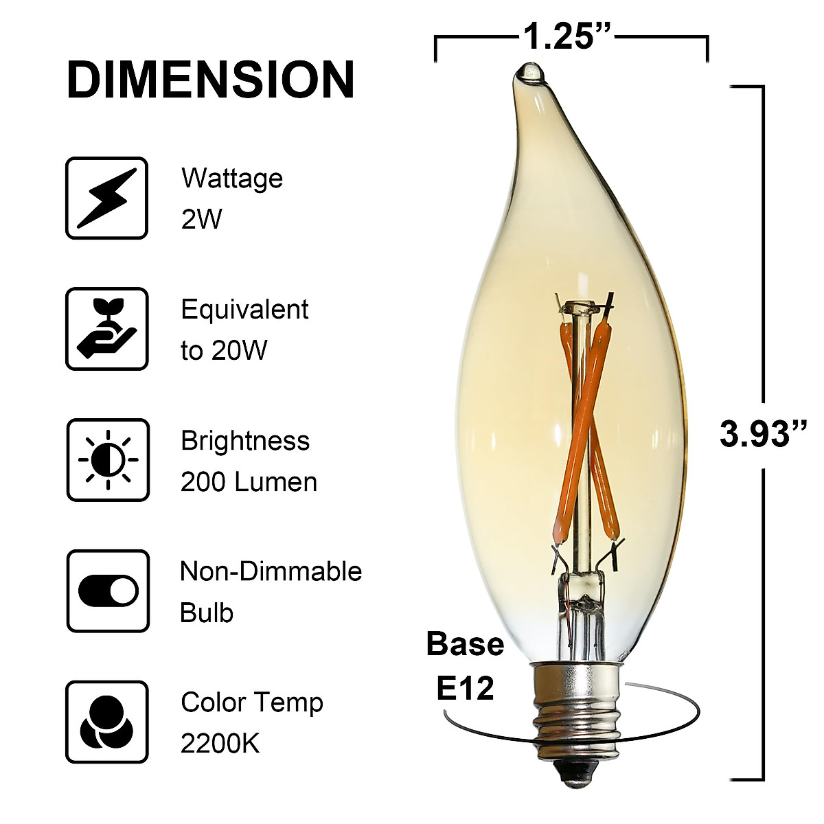 FANNIS 6 Pack C32 Replacement Flame Tip LED Bulb, 2W Equals 20W, Warm 2200K Filament Edison Bulb, E12 Base Vintage Amber Glass Candle Light Bulb for Pendant Chandelier Ceiling Fan Candelabra Light