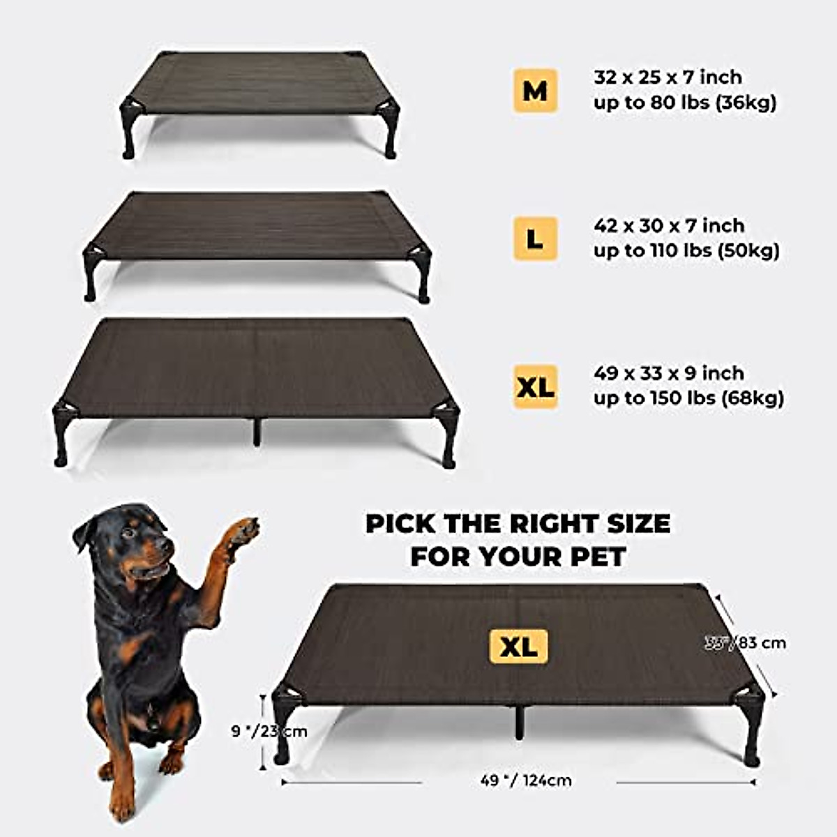 Veehoo Cooling Elevated Dog Bed, Outdoor Raised Dog Cots Beds with Washable & Breathable Mesh, No-Slip Rubber Feet, Portable Chewproof Pet Bed for Indoor & Outdoor, X-Large, Brown