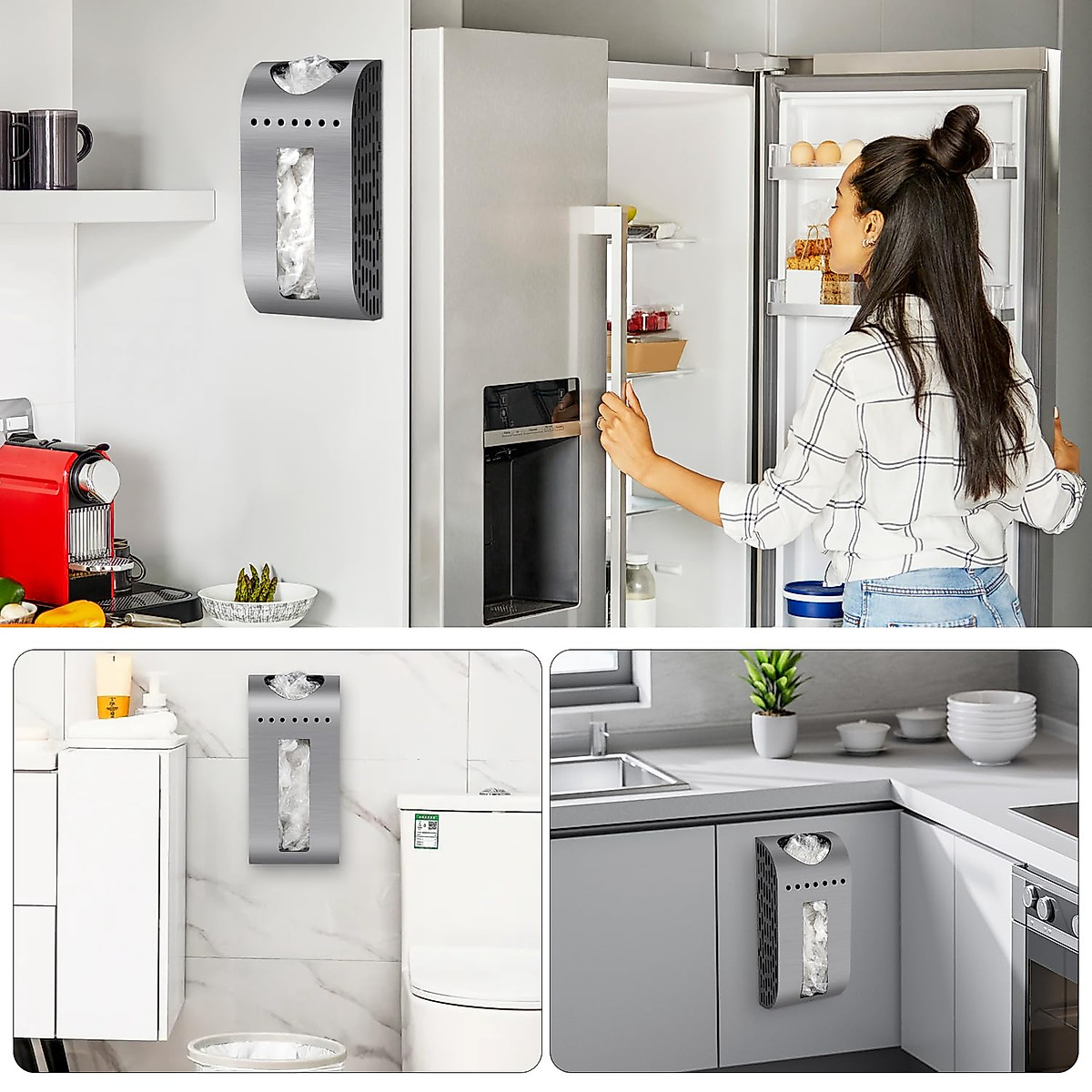 LEWONO Grocery Bag Holder Wall Mount Plastic Bag Dispenser Space Saving Brushed Silver Garbage Bag Holder for Cabinet, Cupboard, Pantry, Anti-Fingerprints Design