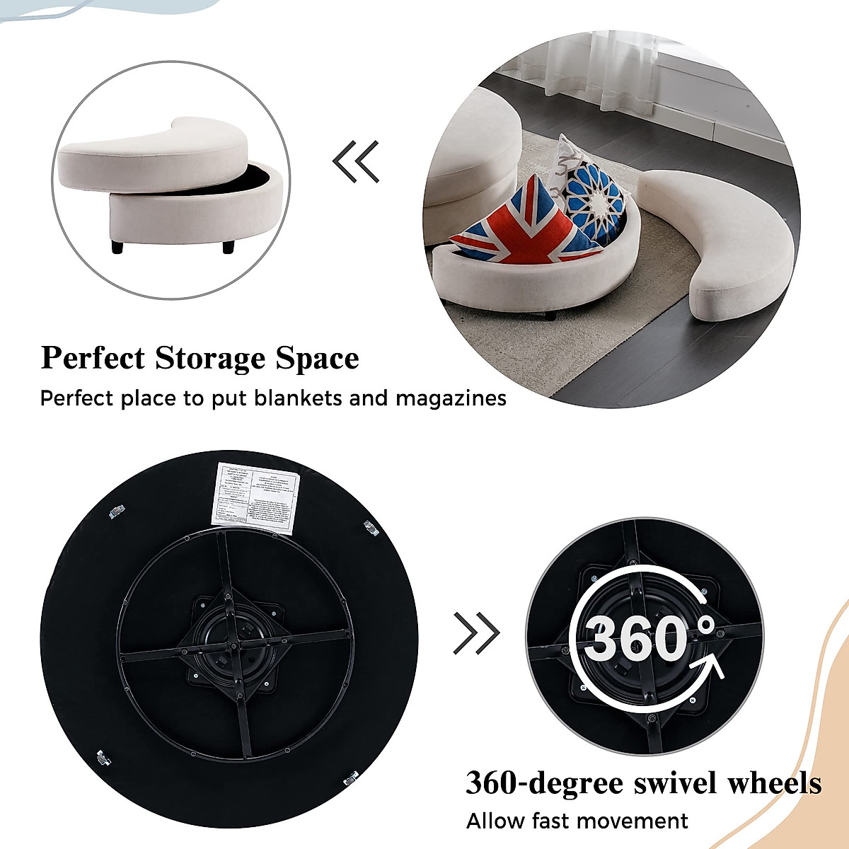 Yehha Sofa 360 Swivel Top Barrel Storage Ottoman & 4 Pillows, Modern Linen Leisure Chair Round Accent for Living Room Bedroom, Creamy White