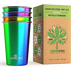 Stainless Steel Cups 16 oz Pint Tumbler (4 Pack) - Premium Metal Drinking Glasses | Stackable Durable Cup (16 oz Rainbow)