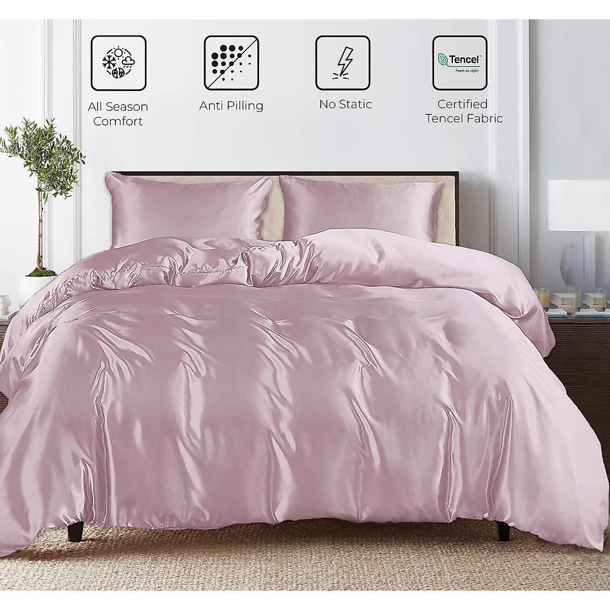 Linenwalas Tencel Lyocell Duvet Cover Set with Deep Pocket Fitted Sheet, Viscose Made from Eucalyptus Soft, Lightweight and Breathable Complete Bedding Set (Lilac, California King)
