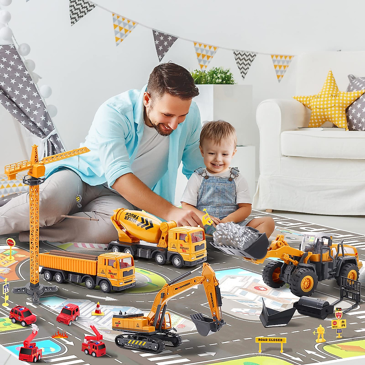 skirtoy Kids Construction Vehicles Playset with Playmat, 18" Crane Toy, 10" Excavator, Tractor, Dump Truck, Cement, 4 Firetrucks, Educational Engineering Toy Set Birthday Gift for Toddler Boy 3+