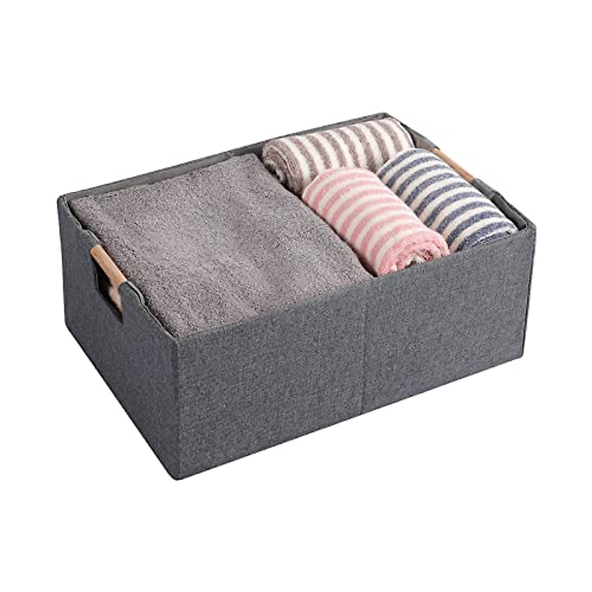 LaMorée Fabric Storage Bin Box Foldable Cotton Linen Storage Basket with Wooden Handles Rectangular Cube Decorative Home Nursery Laundry Organizer Clothes Blanket Container – Gray, Small