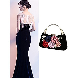Women's Flower Evening Bag Black Clutch Purse Handbag Metal Frame Large Clutch Bag Wedding Hand Bag Carved Handle (Ship From the US)