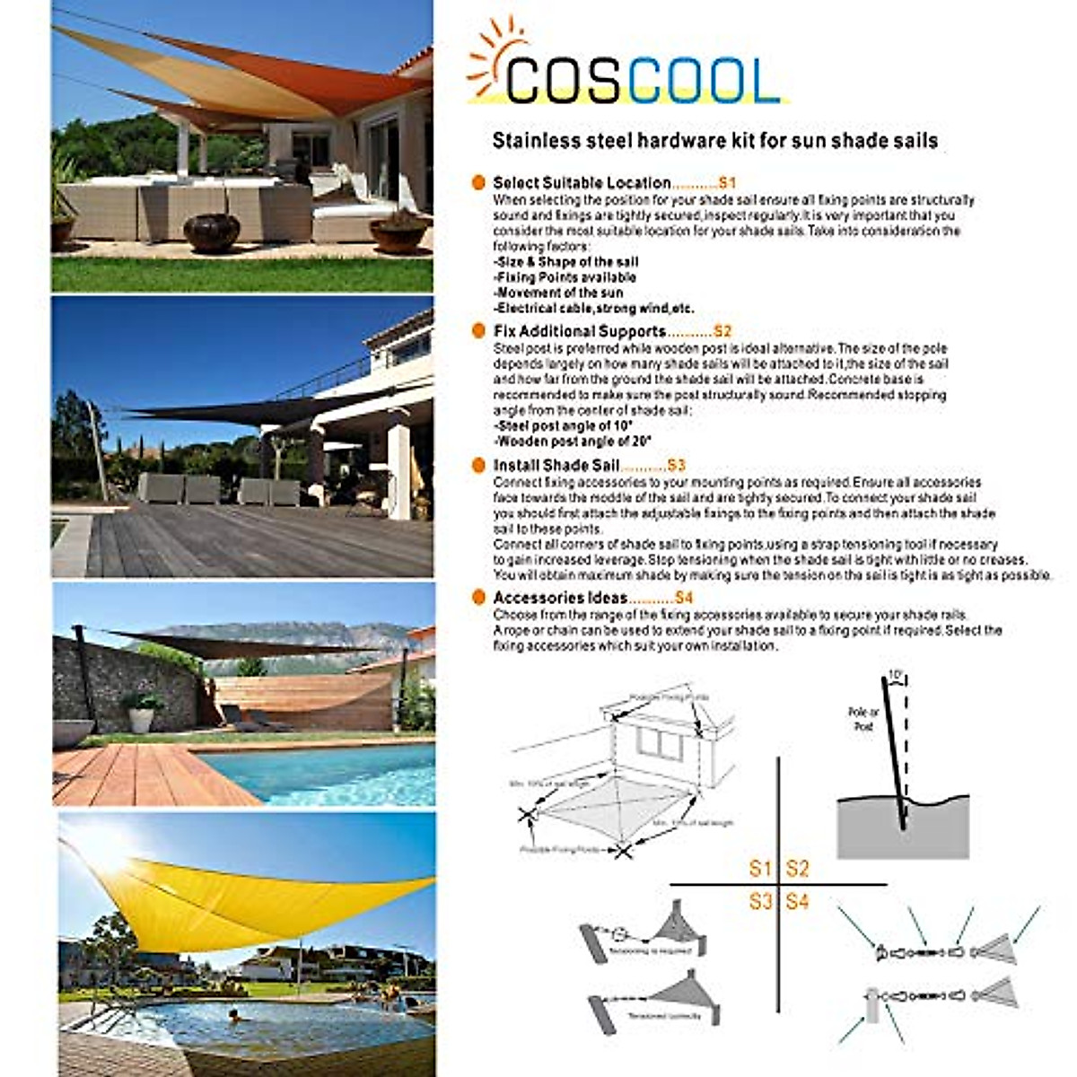 COSCOOL Shade Sail Hardware Kit for Sun Shade Sails Stainless Steel Installation Hardware Kit (6-inch Triangular)