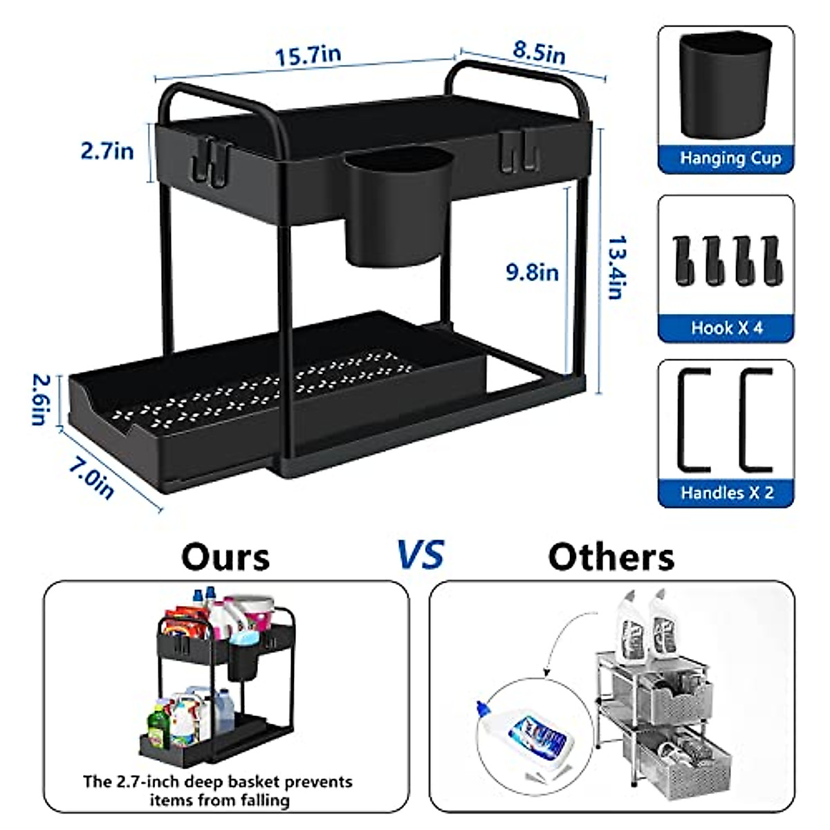 Under Sink Organizer, Sliding Cabinet Basket Organizer 2 Tier Under Bathroom Organizer with Hooks, Hanging Cup, Multi-purpose Under Sink Organization and Storage for Bathroom Kitchen