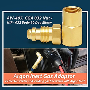 AW-407, CGA 032 Nut/NIP - 032 Body 90 Deg Elbow Argon Inert Gas Adaptor Compatible with Everlast TIG MIG Welder