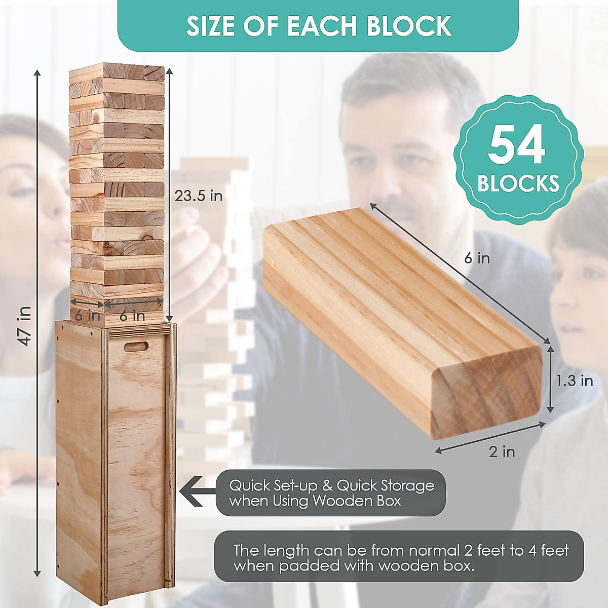 CELETOY Giant Tower Game with 3-in-1 Straightener, Quick Set-up Block Wooden Tower Game Set with Carrying Bag, Table & Storage Box - Starts at 2-4ft - Grows to Over 6ft, Lawn Games Backyard Outdoor