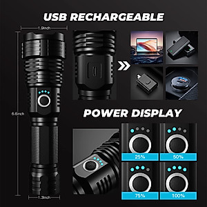 SKNSL Rechargeable LED Flashlight, 250,000 Lumen Super Bright, Waterproof, Adjustable Light Modes, USB Rechargeable, Long Battery Life, IPX6 Waterproof, Ideal for Outdoor Use