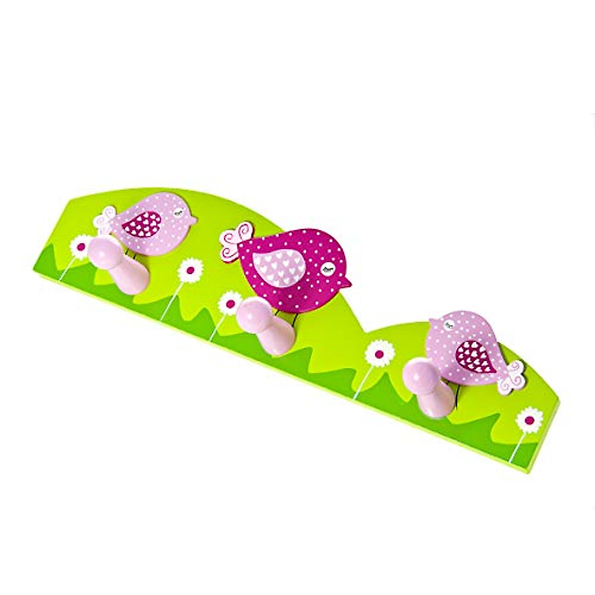 Girls Pink Bird Triple Coat Wall Door Hooks for Girls Bedroom or Nursery