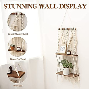 2 Tier Macrame Boho Wall Hanging Shelf, Handmade Bohemian Wooden Woven Plants Floating Shelves Decor, Decorative Chic Rope Crystal Holder Organizer for Bathroom Bedroom Kitchen Home Nursery Storage