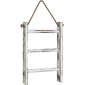 MyGift Rustic Whitewashed Solid Wood Wall Hanging Hand Towel Ladder Drying Rack, 3 Tier Bathroom Washcloth Hand Towel Storage Rack with Hanger Rope
