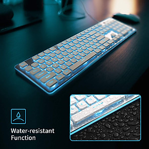 LANGTU LED Computer Keyboard, USB Wired Keyboard for Gaming and Office, All-Metal Panel 104 Keys Quiet Membrane Keyboard with Blue Backlit - L2 White/Silver