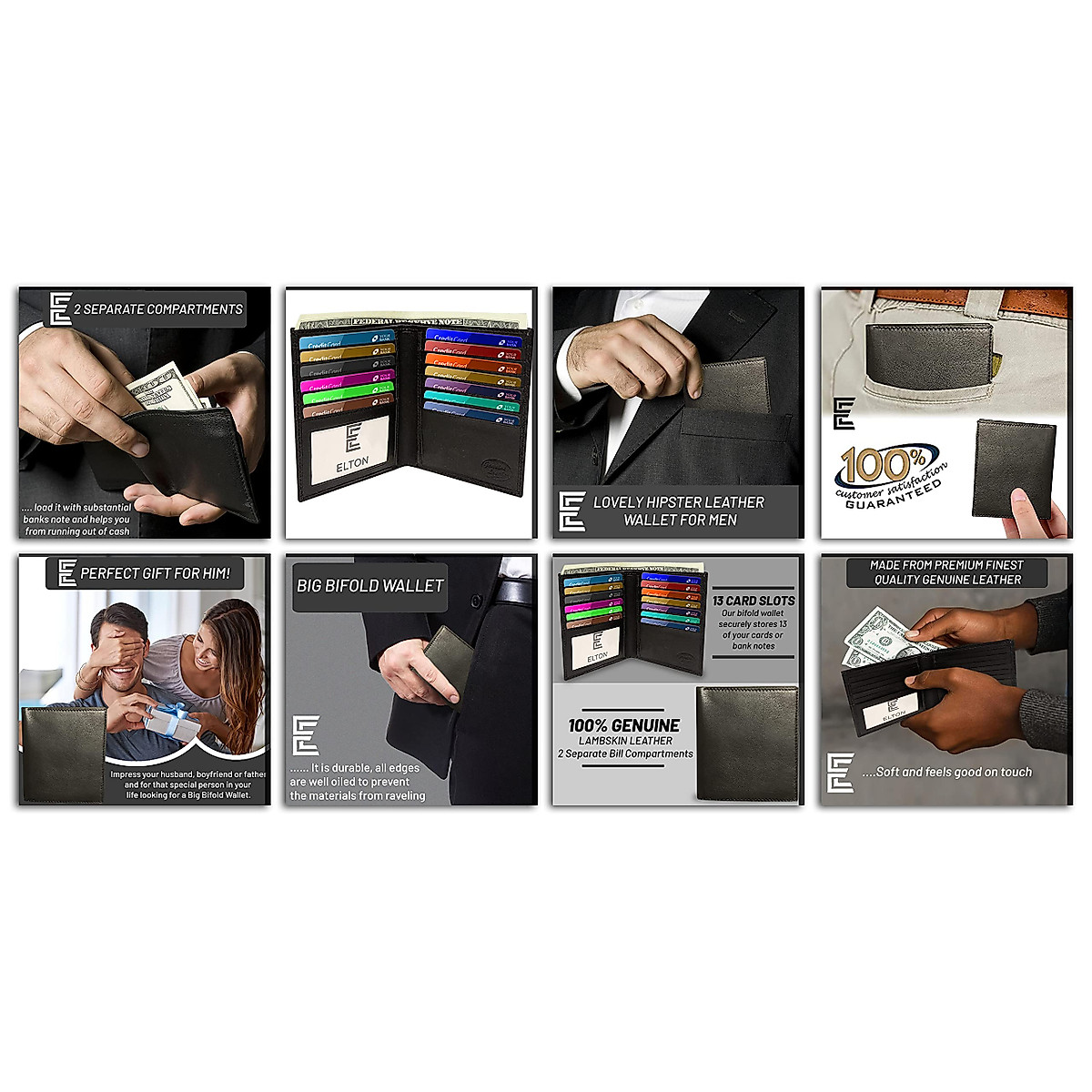 E Elton Genuine Lambskin Leather Hipster Bifold Wallets for Men Black Extra Large Bifold Wallet- RFID Protection