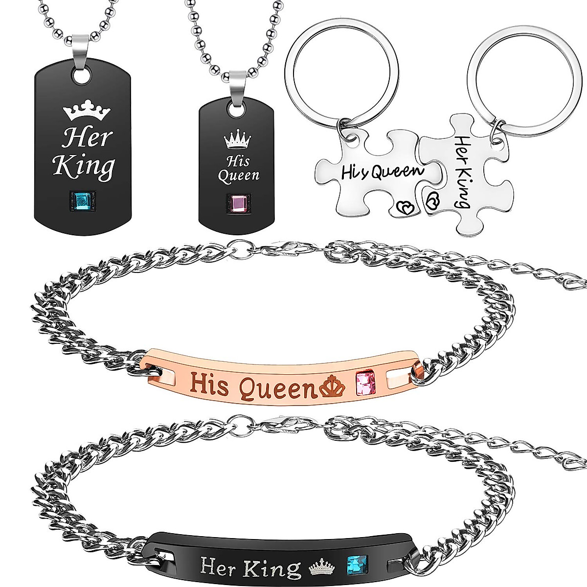6 Piece Her King His Queen Necklace Bracelet Couple Necklace Bracelet Keychain Set for Valentines Jewelry Gift