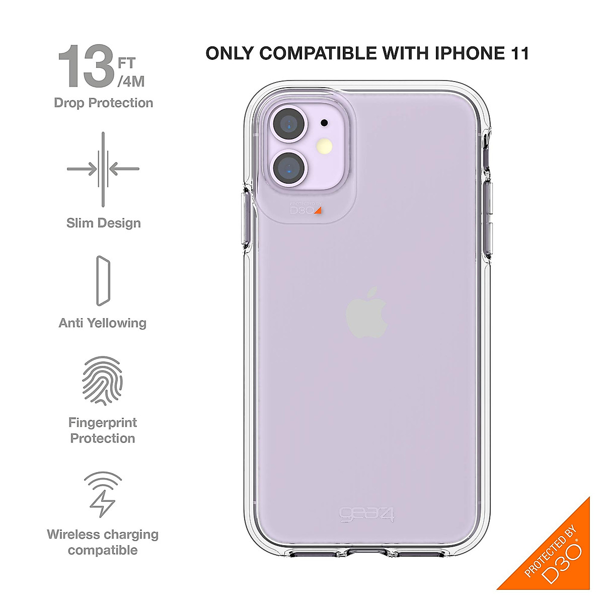 ZAGG Gear4 Crystal Palace Compatible with iPhone 11 Case, Advanced Impact Protection with Integrated D3O Technology, Anti-Yellowing, Phone Cover – Transparent