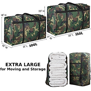 LINNTEAU 2 Packs 150L Camouflage Extra Large Moving Bags, Heavy Duty Storage Bags, 600D Oxford Cloth Wrap Around Handles Double Zipper, Waterproof Reusable Convenient (150L - 2 Packs)