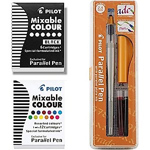 Pilot Parallel Pen 2-Color Calligraphy Pen Set with Black and Assorted Colors Ink Refills, 2.4 mm Nib (90051)