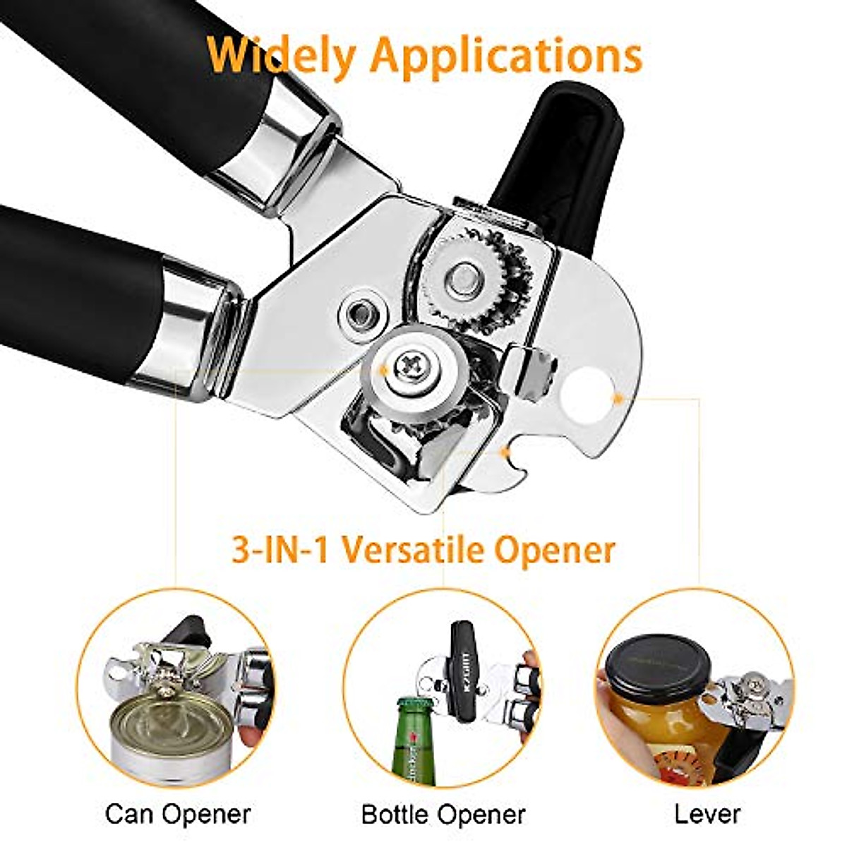 KzGrit Manual Can Opener, Food-Safe Stainless Steel, Smooth Edge, Tin Lids Jar Bottle Caps Openers with Non-Slip Handle and Ergonomic Turning Knob for Elderly with Arthritis(Black)