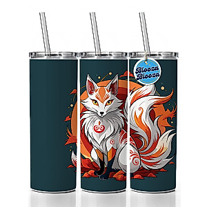 Kitsune Fox Japanese Folklore Skinny Tumbler 20oz with Straw Insulated Water Bottle Gift