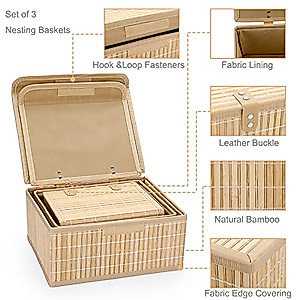 Hipiwe Bamboo Decorative Storage Bins with Lid & Lining- Set of 3 Shelf Basket Box Rectangle Basket Box Lidded Home Storage Bins for Closet Home Shelf Organizing