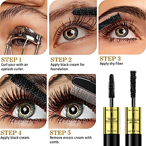 Mascara Black Volume and Length - Double Ended Mascara Voluminous Thick Curling with Dry Fiber, Waterproof Long-Lasting Mascara 5X Longer False Eyelash Comb Black